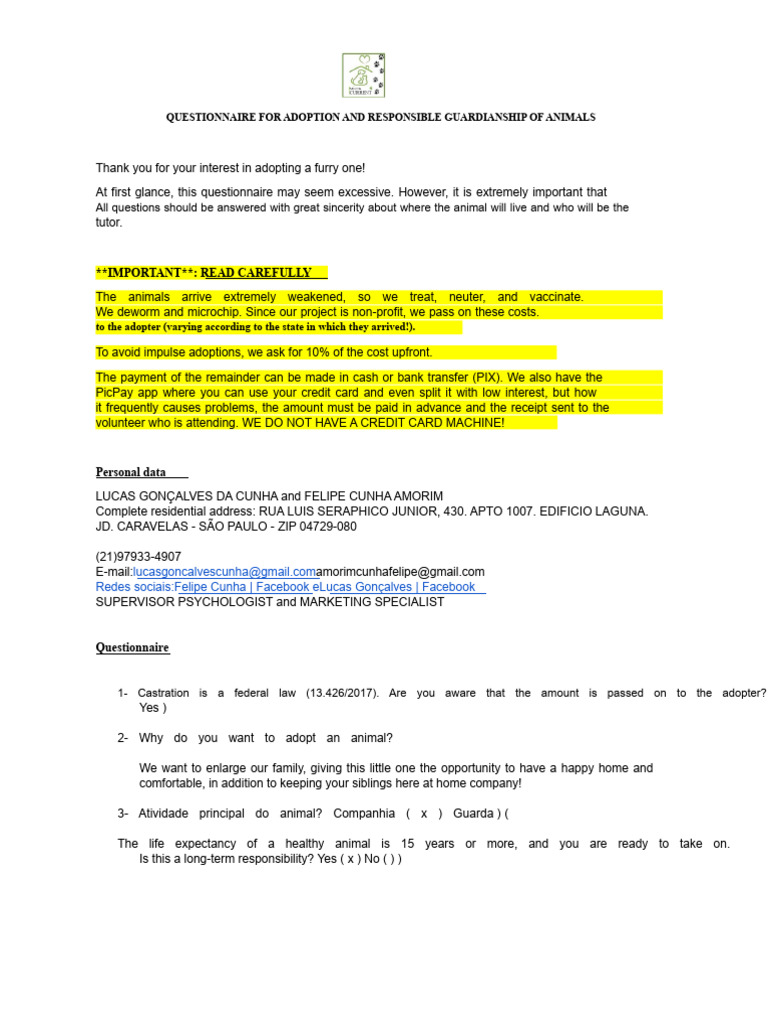 Animal Adoption Questionnaire Form | PDF