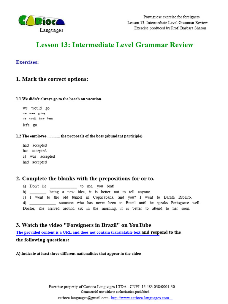 Lesson-13-Grammar Review-Intermediate Level-Carioca-Languages | PDF ...
