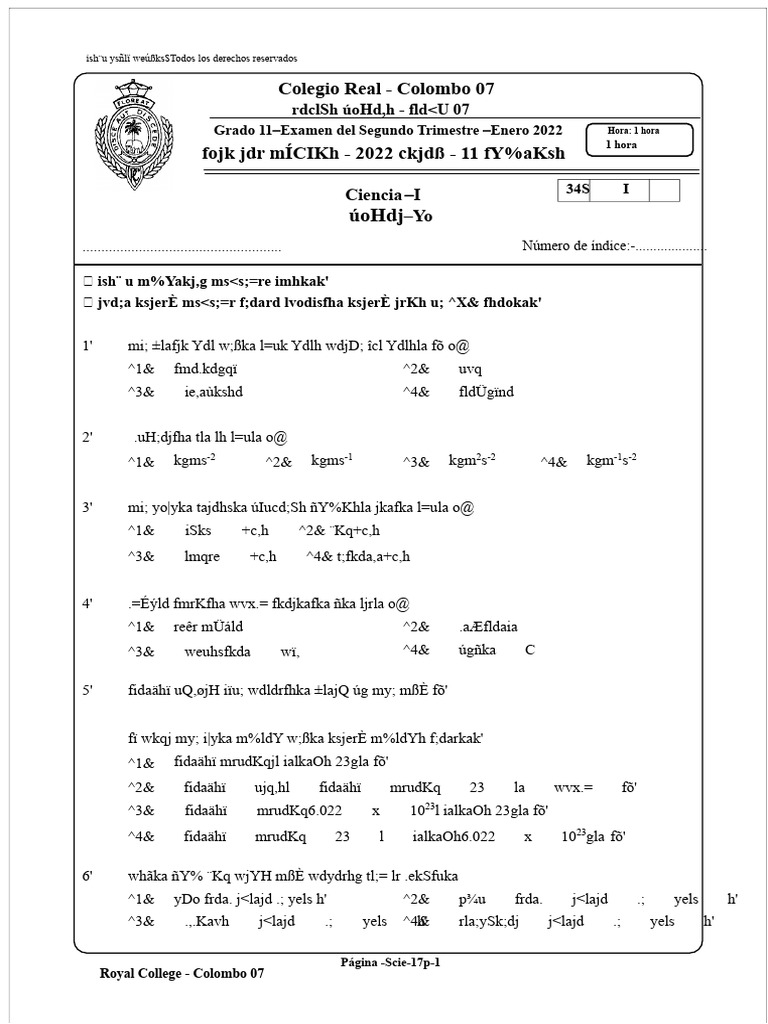 Colegio Real Colombo 07 Examen de Ciencias de 11º Grado 2022 Segundo Trimestre Papel de Prueba ...