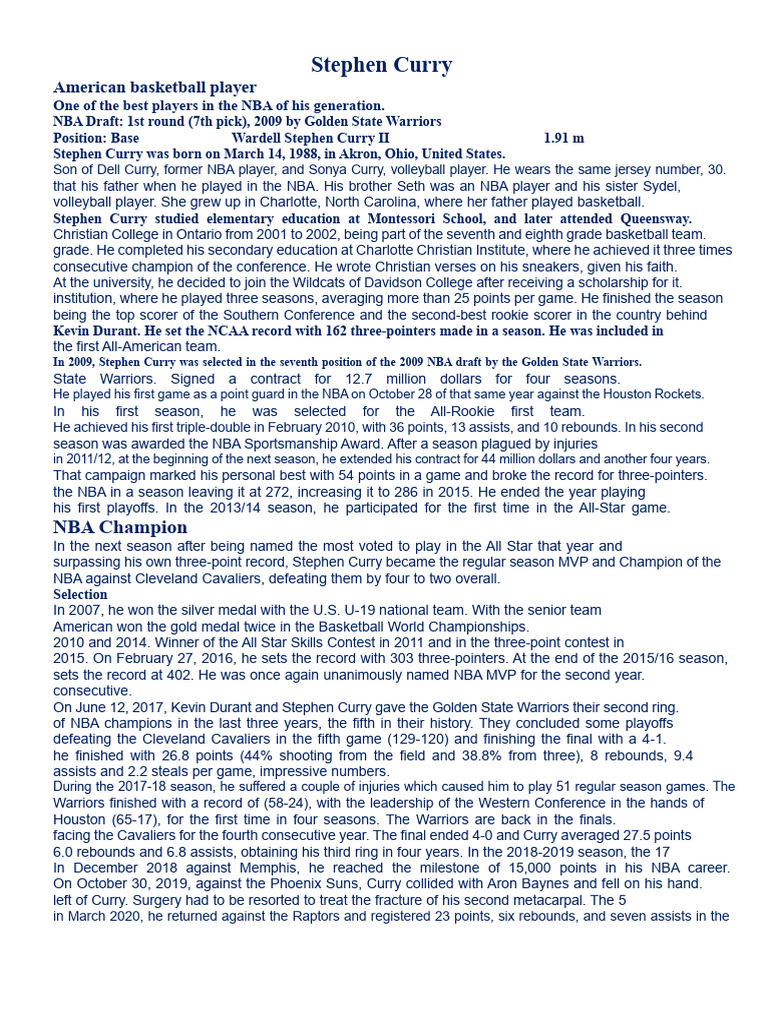 Biography of Stephen Curry | PDF | National Basketball Association ...