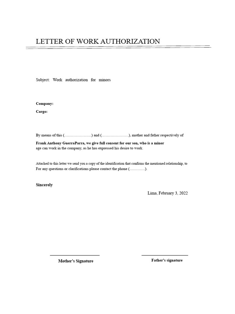Minor Work Authorization Letter | PDF