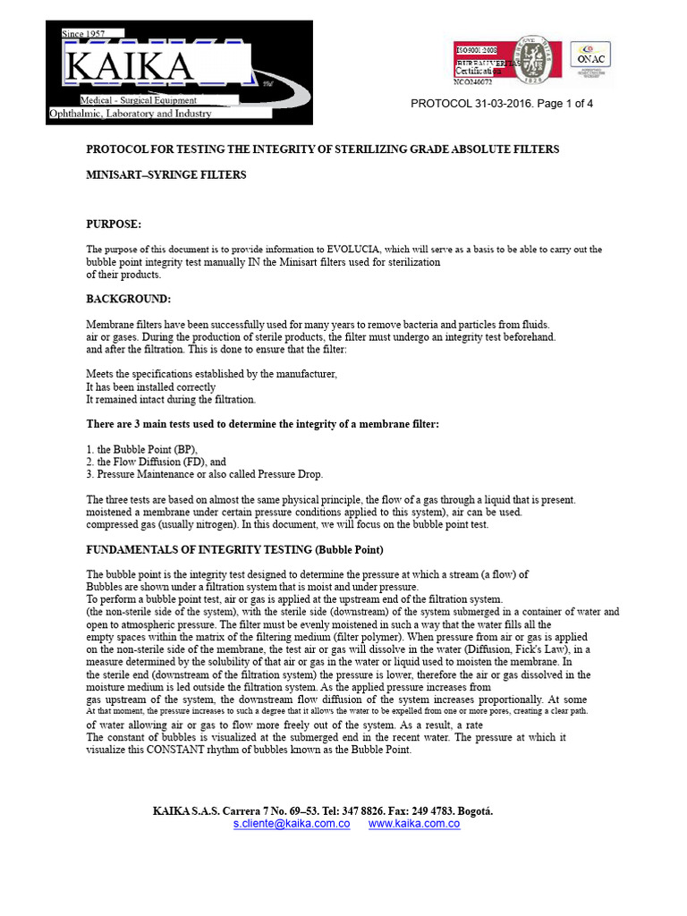 Protocol - Integrity Test For Minisart Filters PDF | PDF | Filtration ...