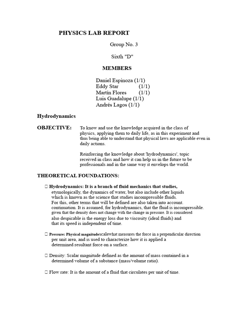 Physics-Hydrodynamics Lab Report | PDF | Fluid Dynamics | Liquids