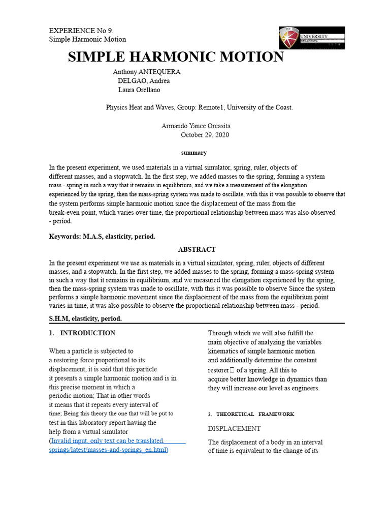 9-Lab Report - Simple Harmonic Motion | PDF | Oscillation | Classical Mechanics