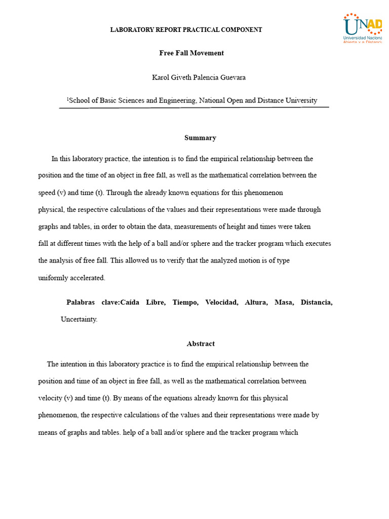 Free Fall Motion Laboratory Report | PDF | Acceleration | Force