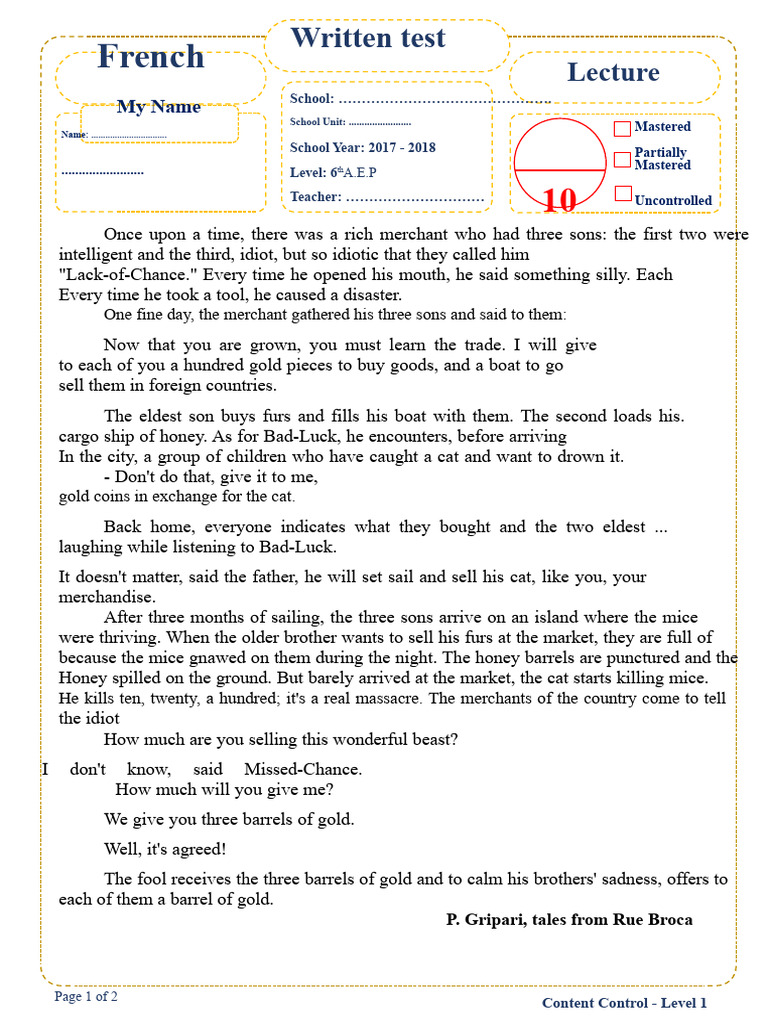 Assignment 2 Model 1 French 6th Grade Semester 1 | PDF | Grammatical ...