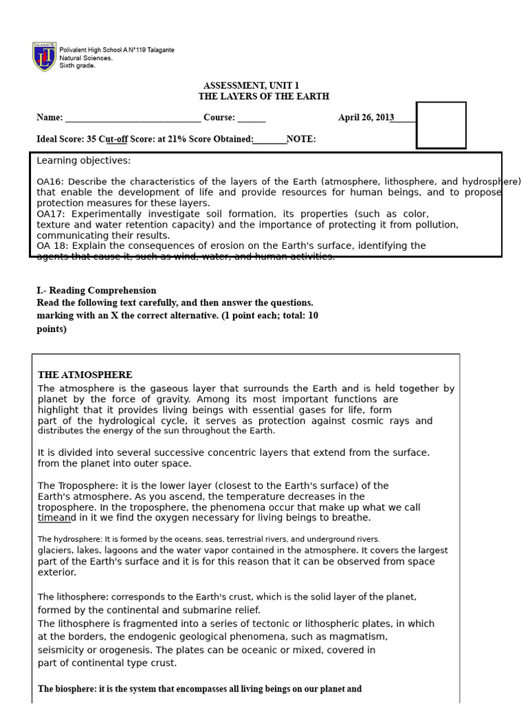 Earth Layers Test 6th Grade | PDF | Earth | Soil