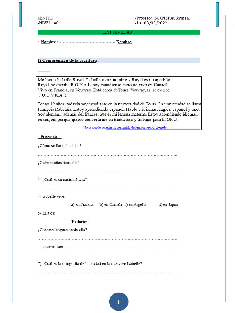 Test de Español Nivel A0: Ejercicios y Gramática | PDF