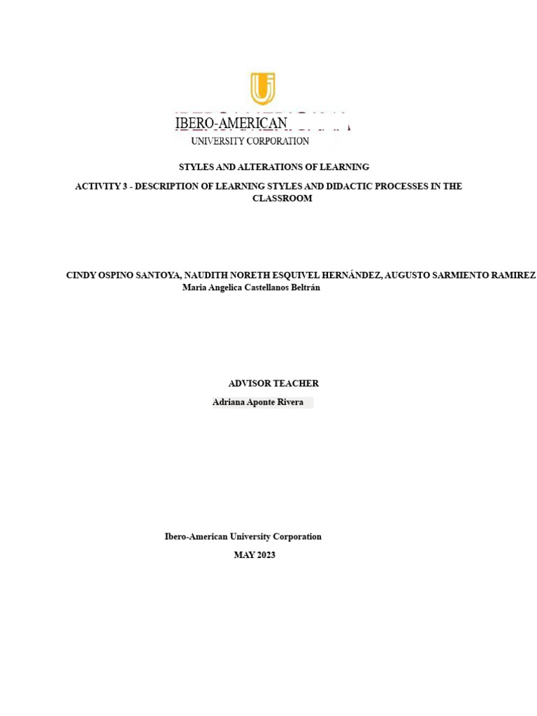 Activity 3 - Description of Learning Styles and Didactic Processes in The Classroom | PDF ...