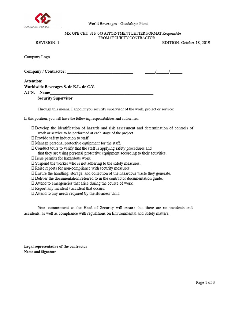 Security Supervisor Appointment Letter | PDF | Regulatory Compliance ...