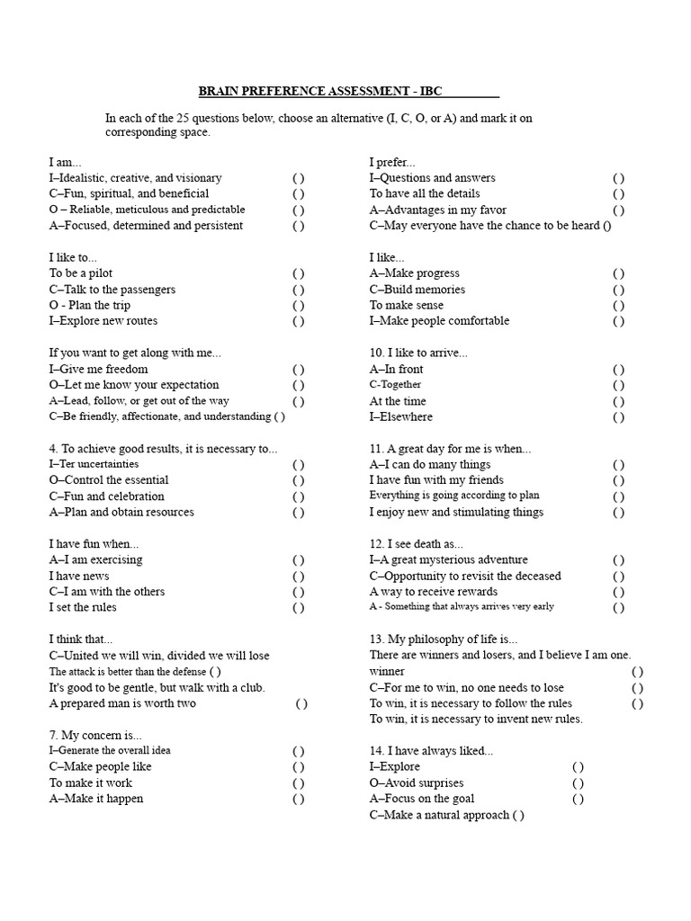 Brain Preference Assessment | PDF | Cognitive Science | Behavioural Sciences