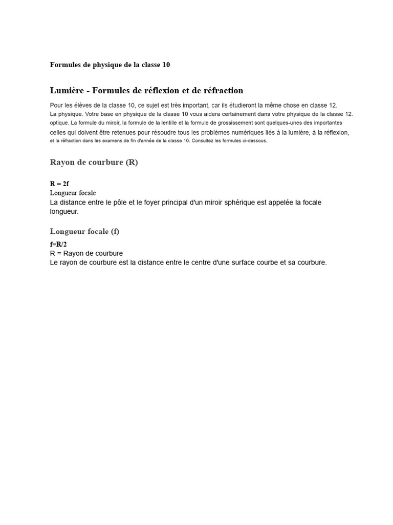 Formules de physique pour la classe 10 | PDF | Réfraction | Physique ...