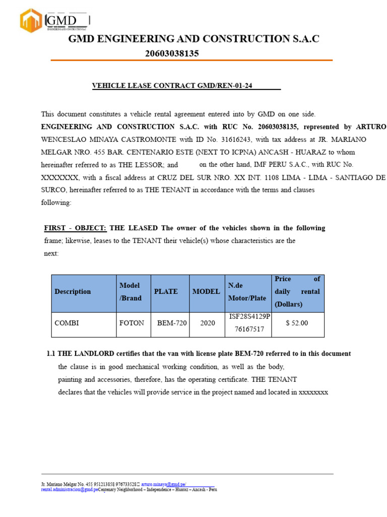 Vehicle Rental Contract 2024 - Imf Peru | PDF | Lease | Leasehold Estate