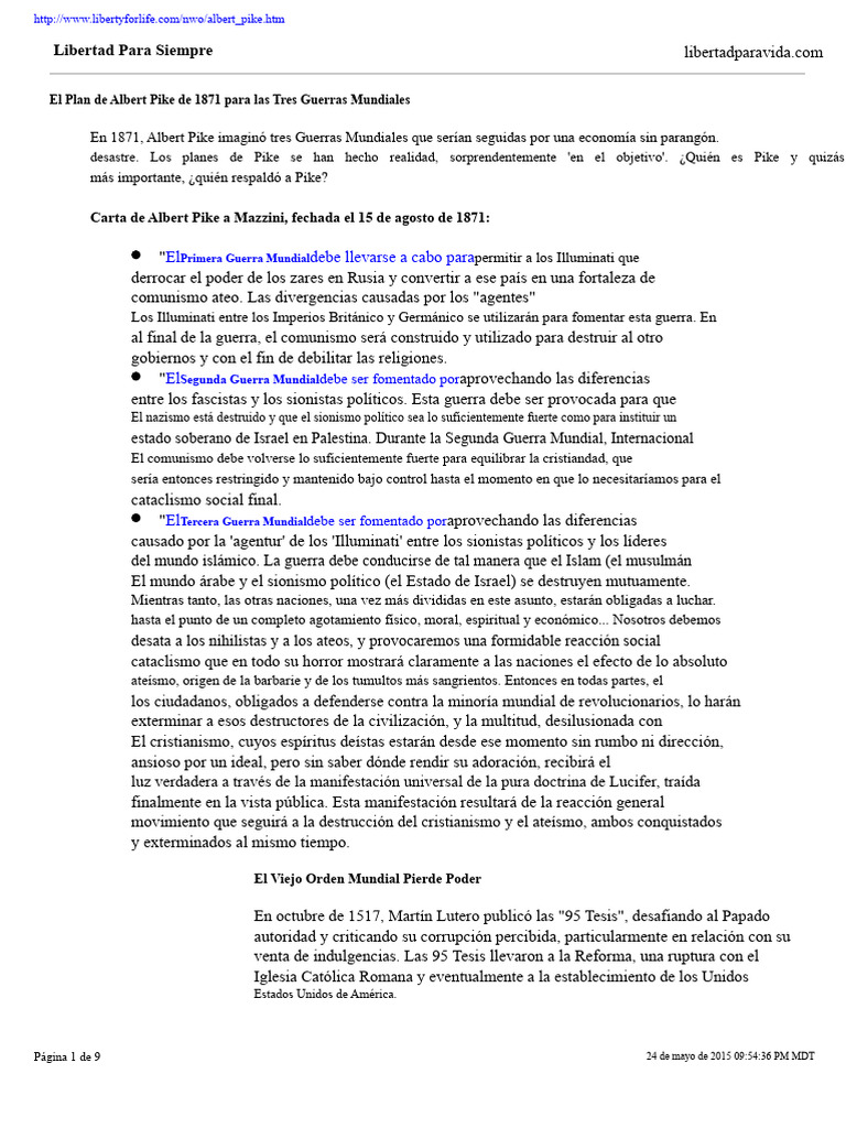 Plan de Albert Pike para Tres Guerras Mundiales | PDF | sionismo ...