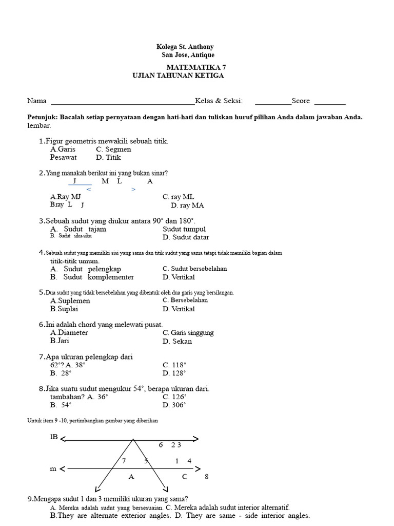 Ujian Matematika 7: Geometri dan Sudut | PDF