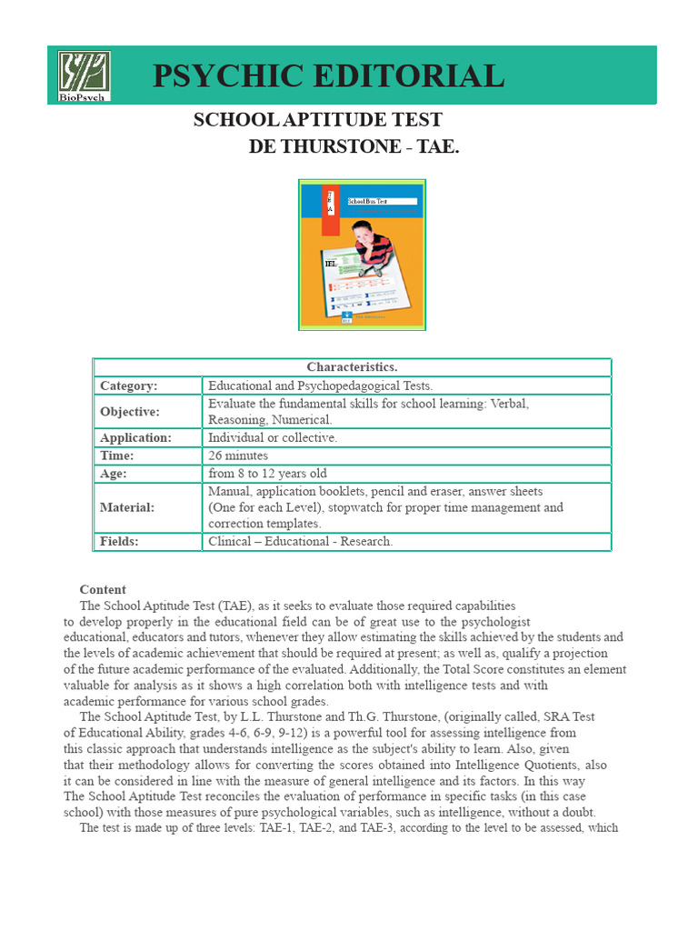 Thurstone School Aptitude Test (TAE) | PDF | Intelligence ...