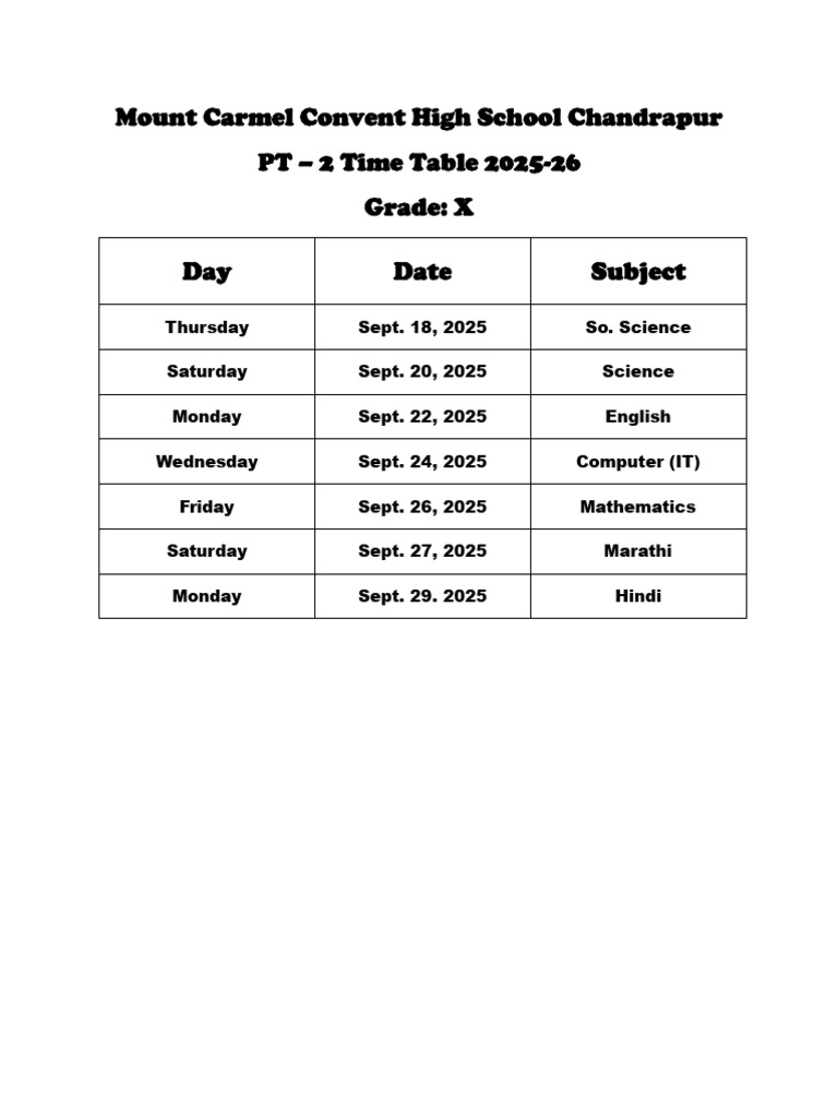 X PT 2 Time Table - 8172 | PDF
