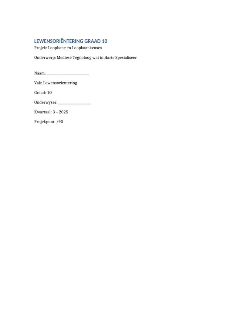 LO Projek Mediese Tegnoloog 2 | PDF
