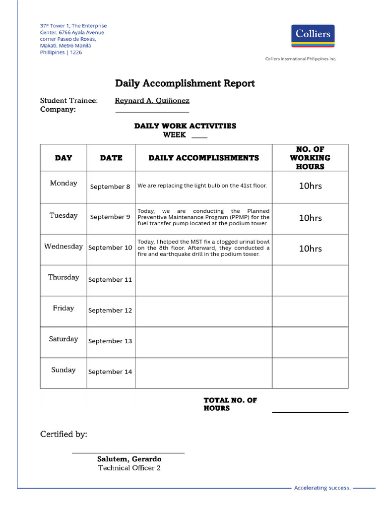 Weekly Accomplishment Record - Quinonez | PDF