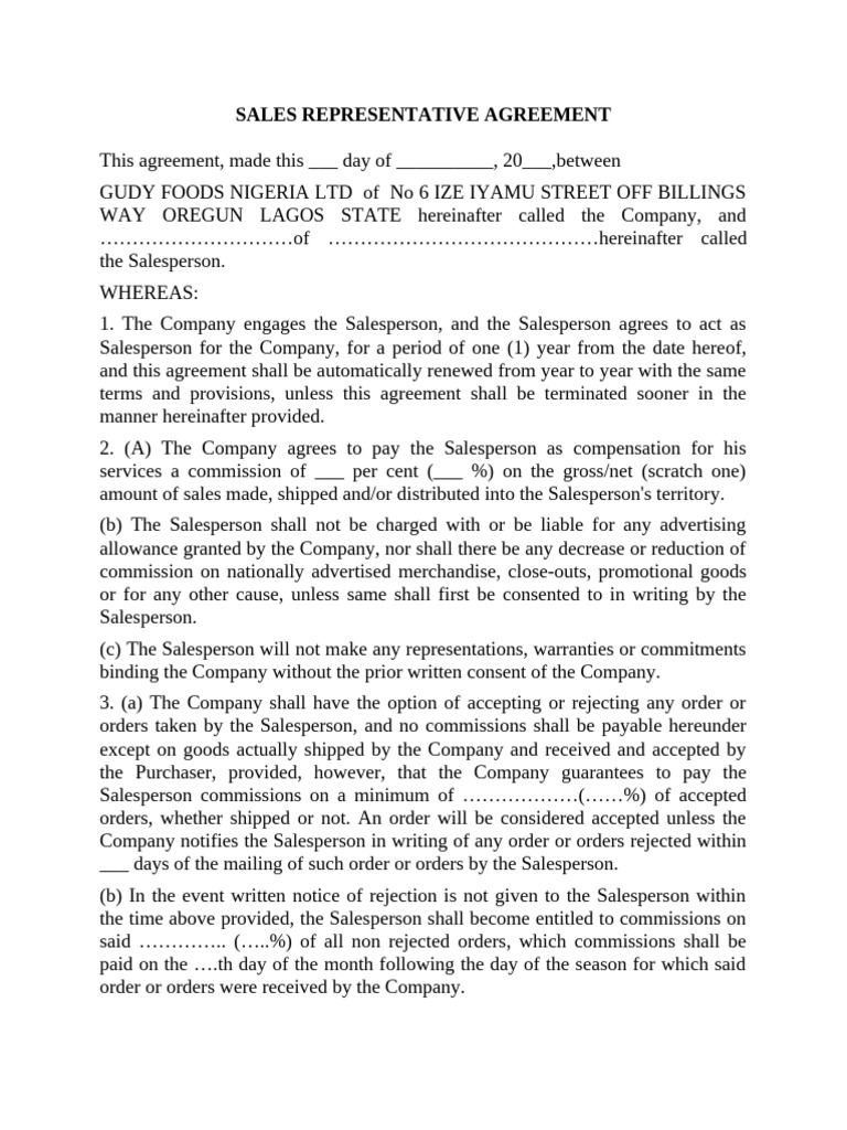 Sales Representative Agreement Template | PDF | Common Law | Justice