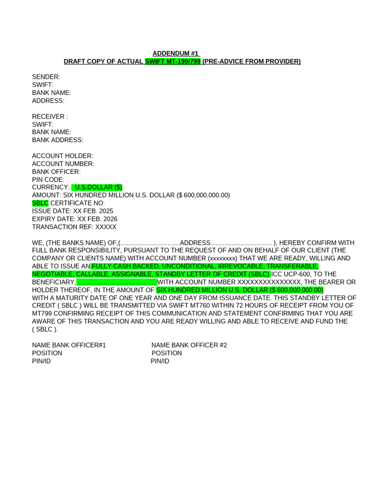 SBLC - Mt760-$600,000,000 - Verbiage Draft & (Swift Mt-199 - 799 Pre-Advice From Provider) - Jan ...