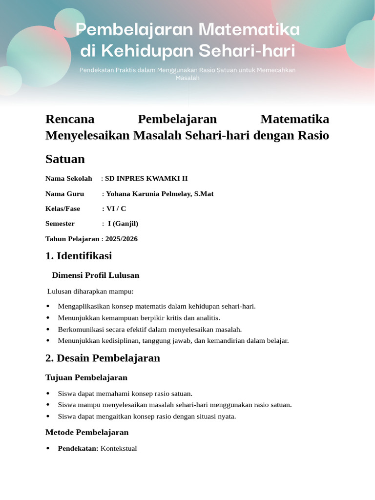Rencana Pembelajaran Rasio Satuan Kelas VI | PDF