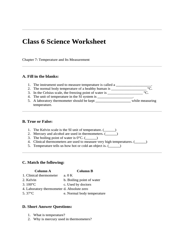 Class 6 Science Worksheet: A. Fill in The Blanks | PDF