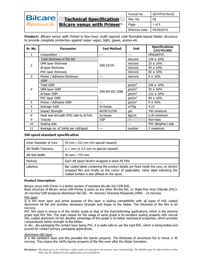 Bilcare Venus Primer Technical Specs | PDF | Polyvinyl Chloride ...