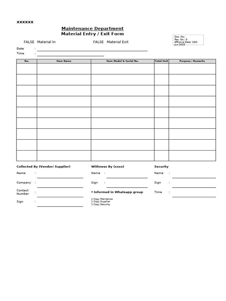 DDMTN018 Material Entry Exit Form | PDF