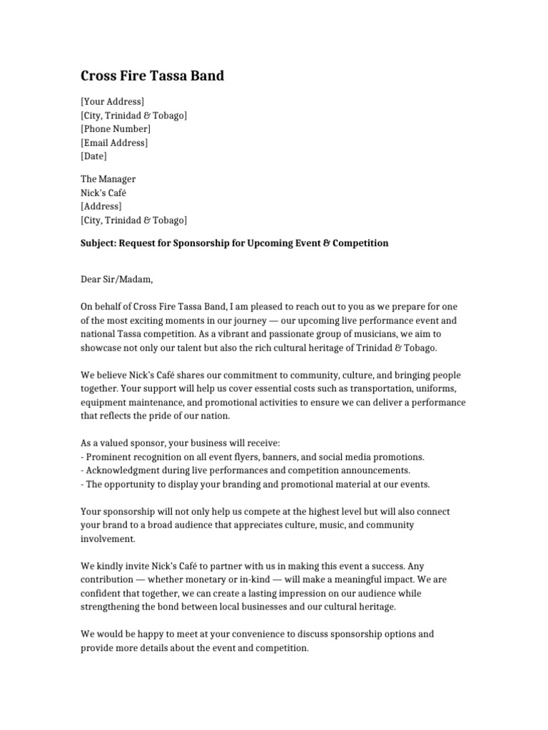 Cross Fire Tassa Band Sponsorship Request | PDF