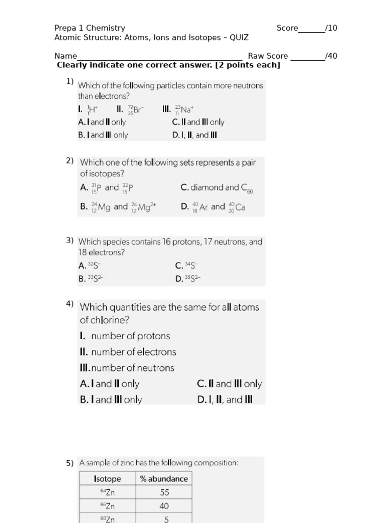 Structure of Matter - Atoms, Ions and Isotopes - QUIZ | PDF