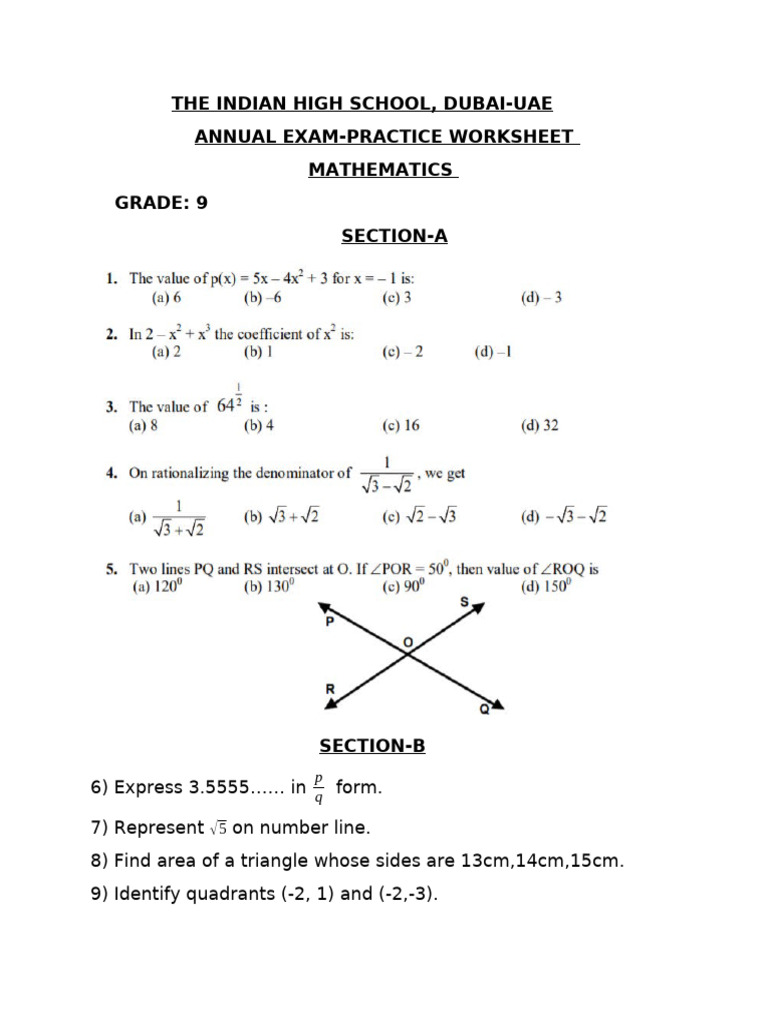 Grade 9 Math Exam Practice Worksheet | PDF
