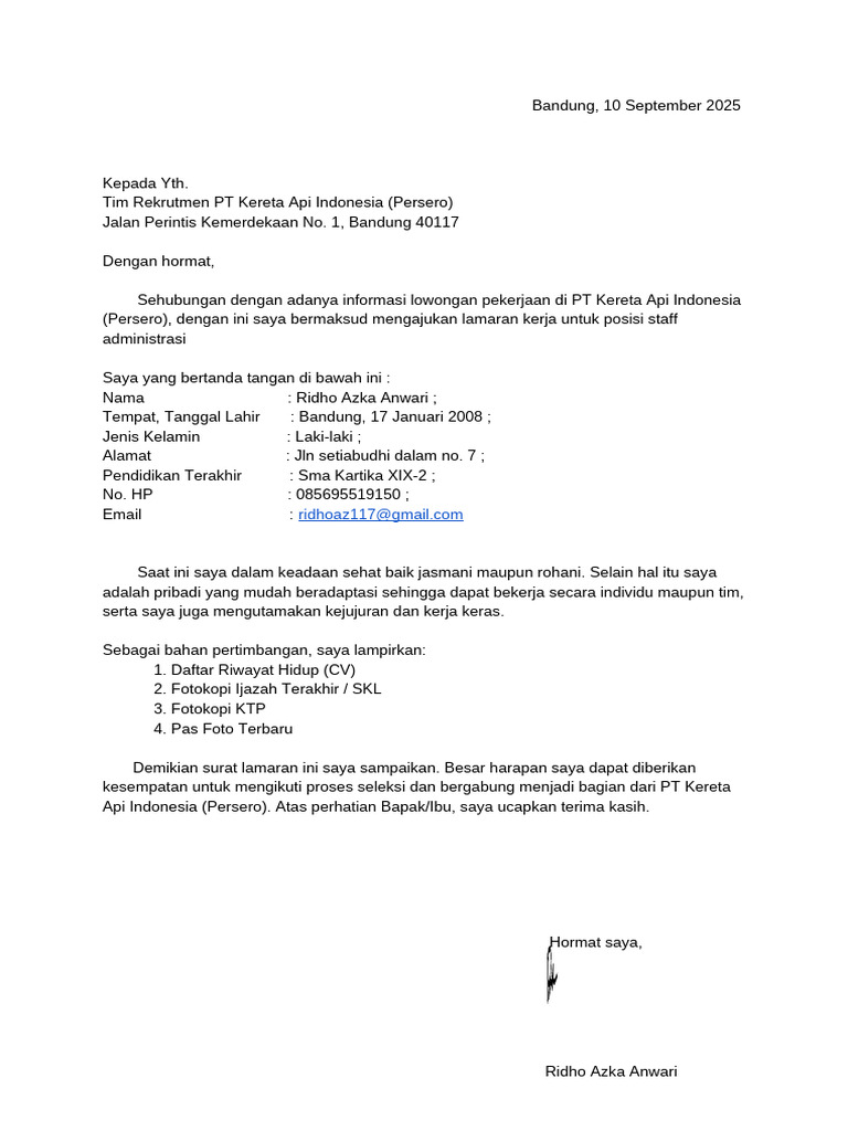 Tugas Lamaran Kerja. Ridho Azka Ips 1 Kls 12.Docx | PDF