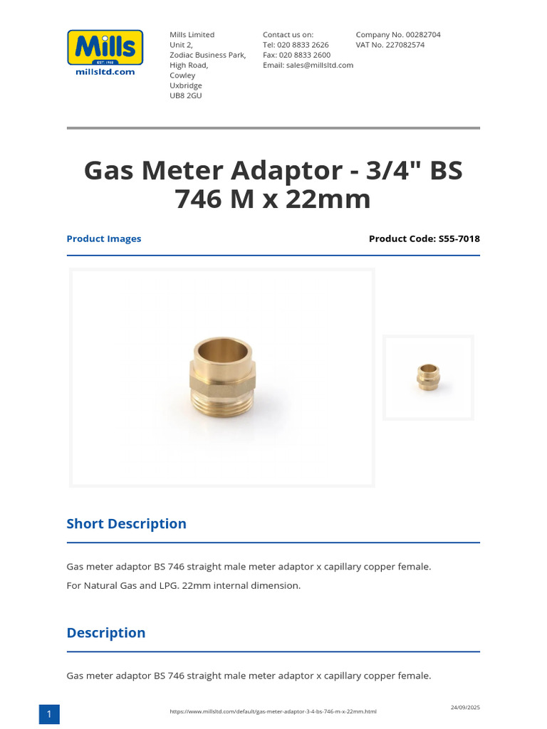 Gas Meter Adaptor 3 4 BS 746 M X 22mm S55-7018 | PDF