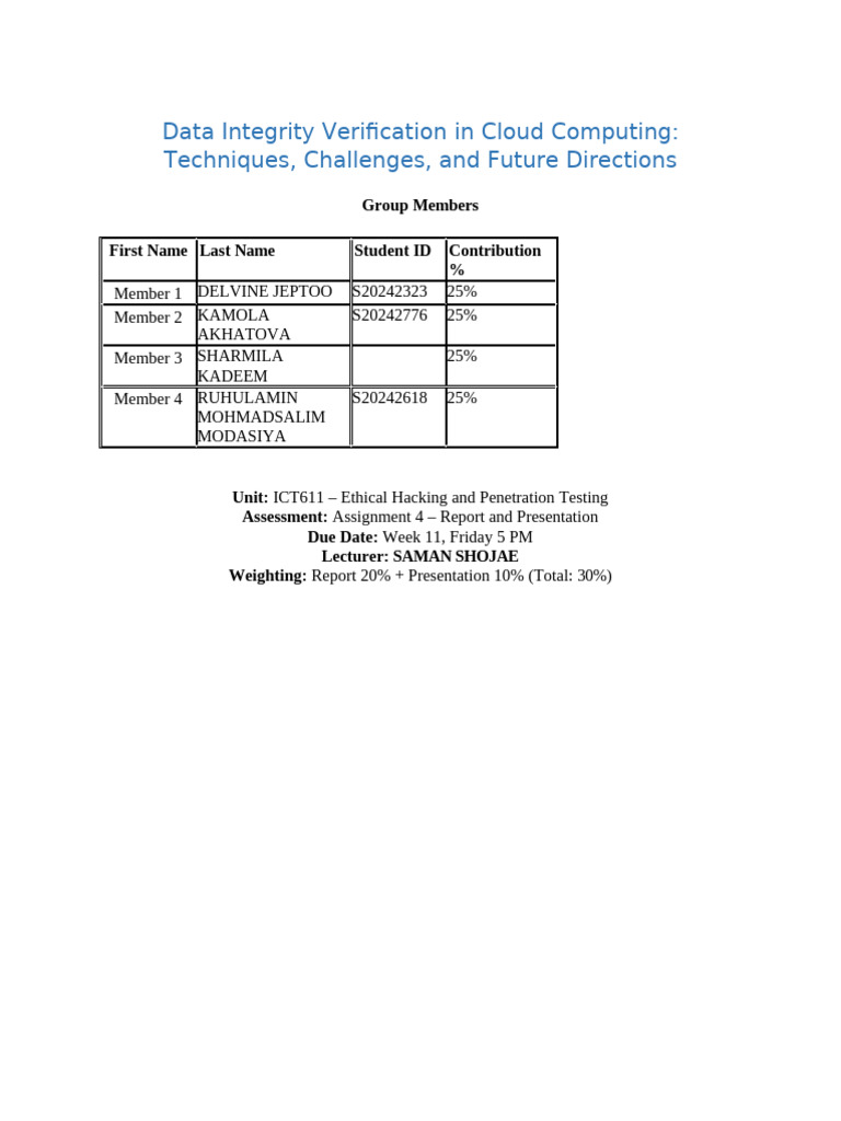 ICT 611 Ethical Hacking and Penetration Testing Group Assignment | PDF ...