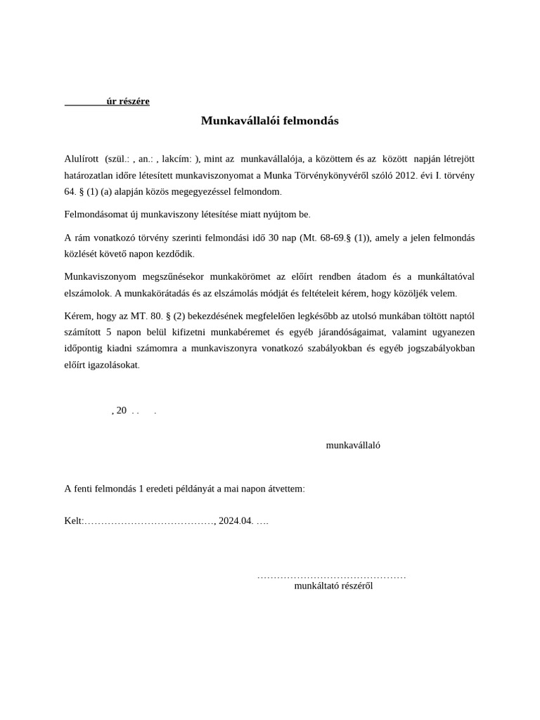 Nemet Felmondas Minta Pdf