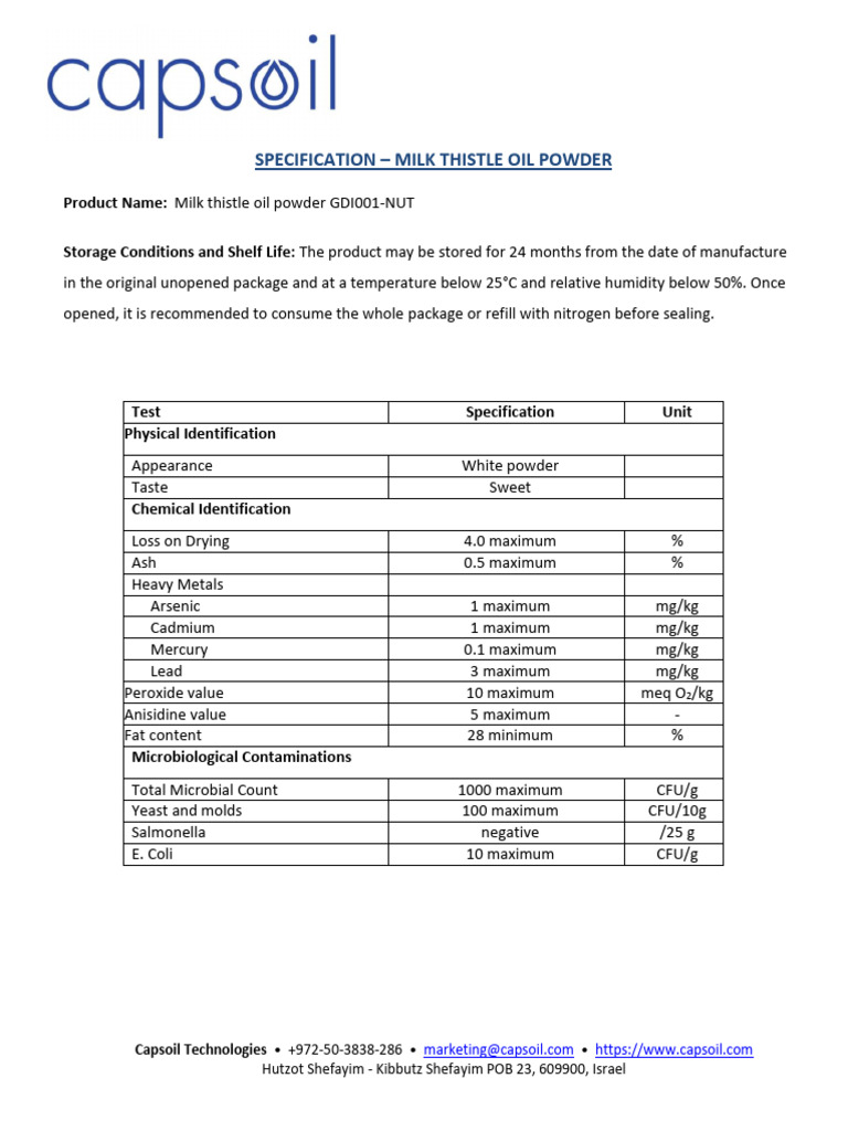 Milk Thistle Oil Powder Specifications | PDF