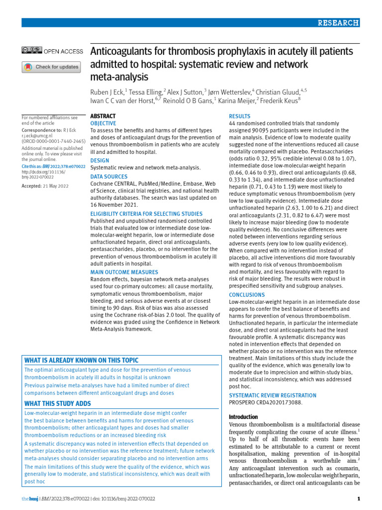 Anticoagulants for Thrombosis Prophylaxis in Acutely Ill Patients Admitted to Hospital ...