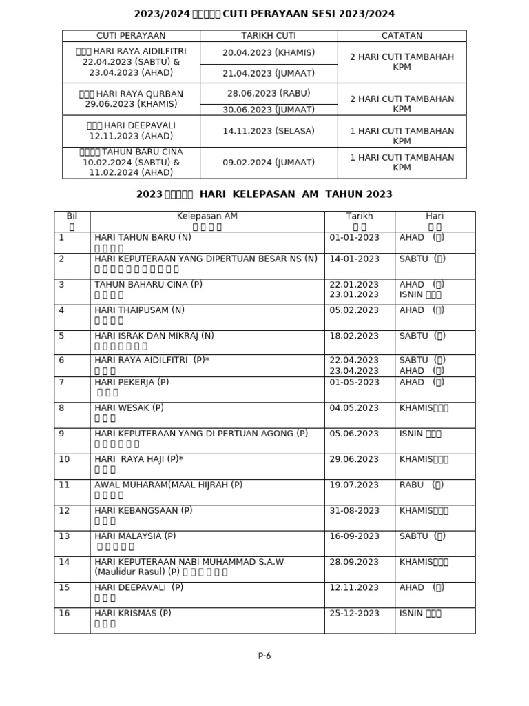 P-6 Cuti Perayaan Dan Cuti Am Sek | PDF