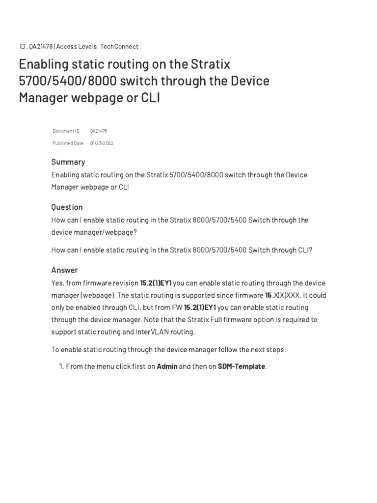 Enabling static routing on the Stratix 5700_5400_8000 switch through the Device Manager webpage ...