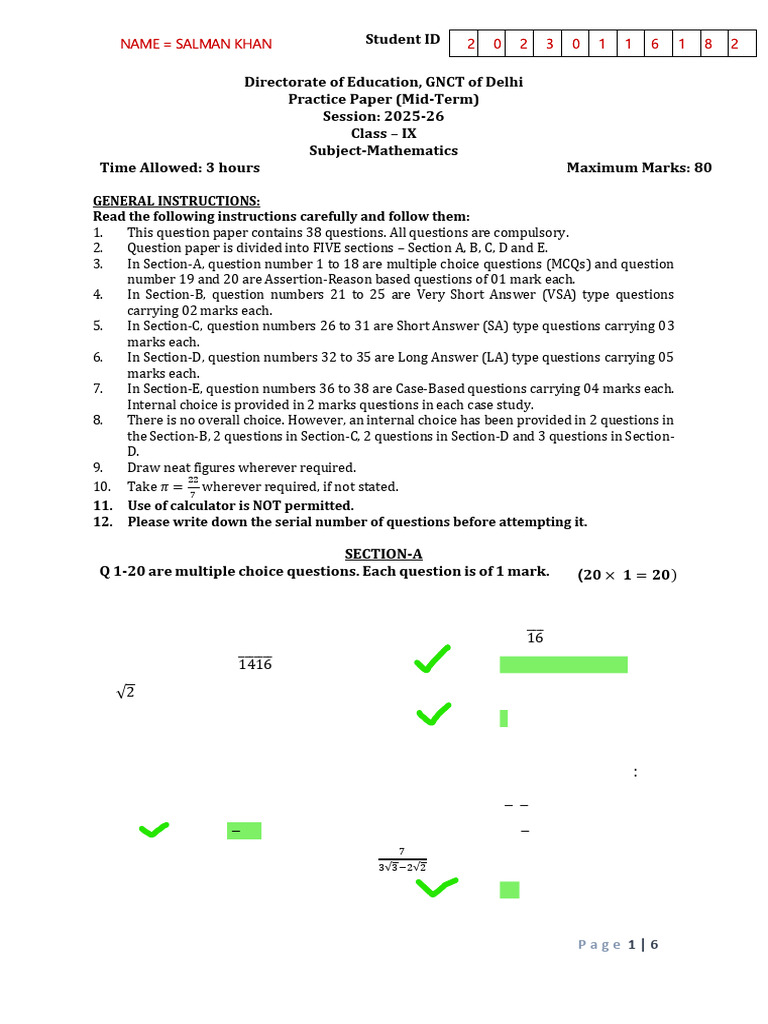 Math Mid Term Practise Paper SK Mats 1 Solved | PDF | Euclidean ...