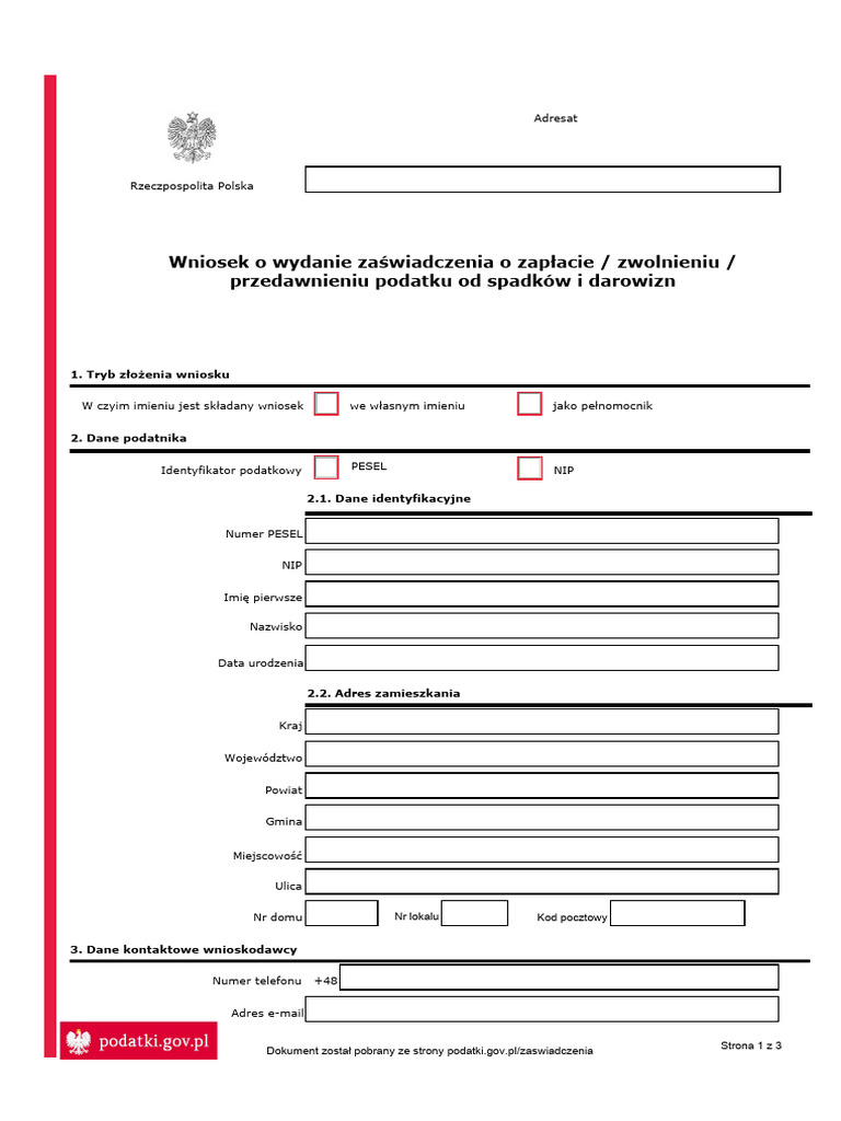 Wniosek o Zaświadczenie Wydanie Zaświadczenia o Zapłacie Zwolnieniu Przedawnieniu Podatku Od ...