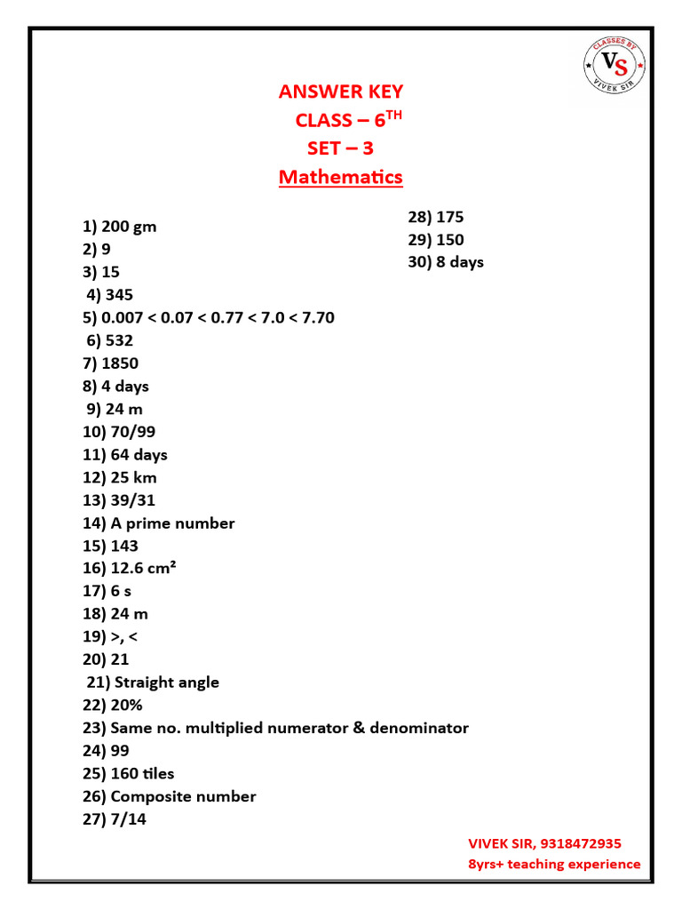 6th Grade Answer Key Set 3 | PDF