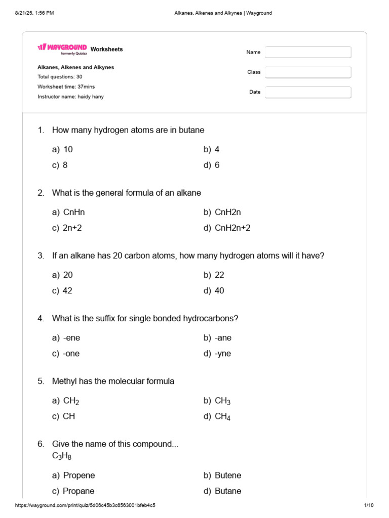 Alkanes, Alkenes, and Alkynes Quiz | PDF | Alkene | Alkane