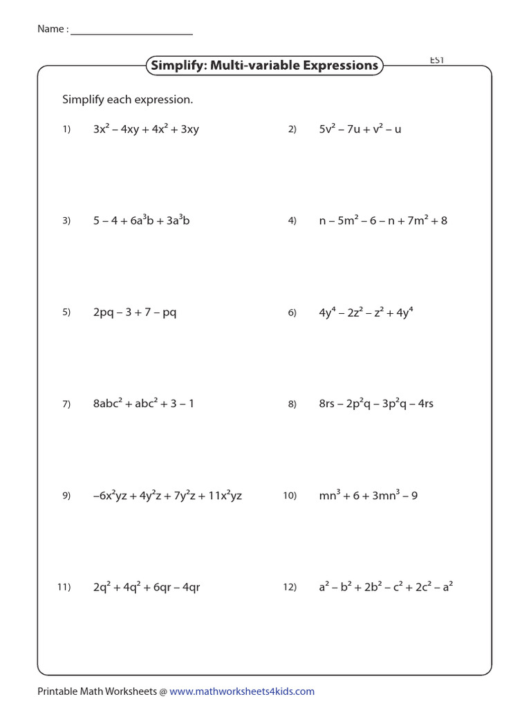 Algebra Simplifying Expressions Multi Variable Easy All Key | PDF ...