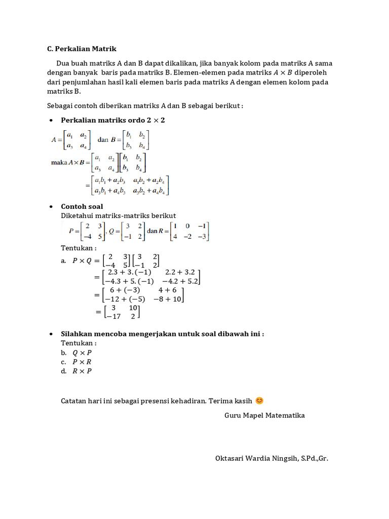 Perkalian Matriks Dengan Matriks | PDF