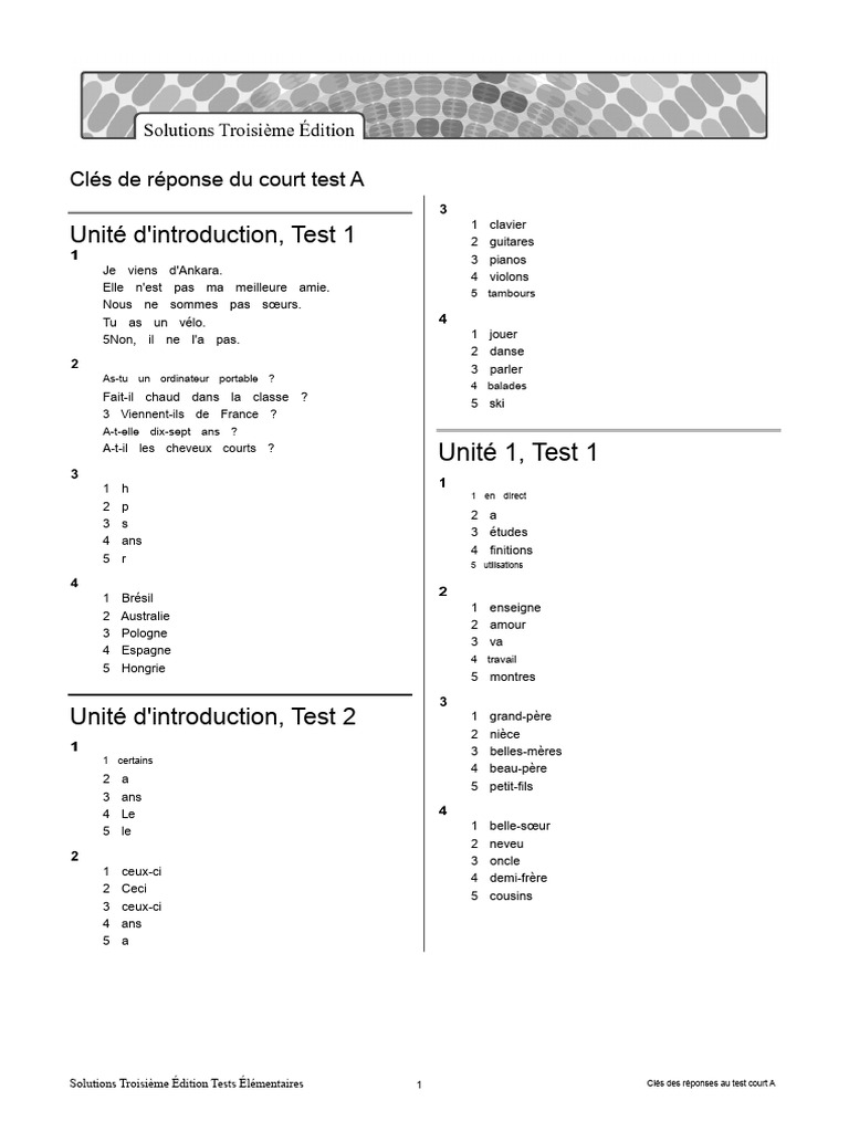 Clés de réponses Test A Élémentaire | PDF