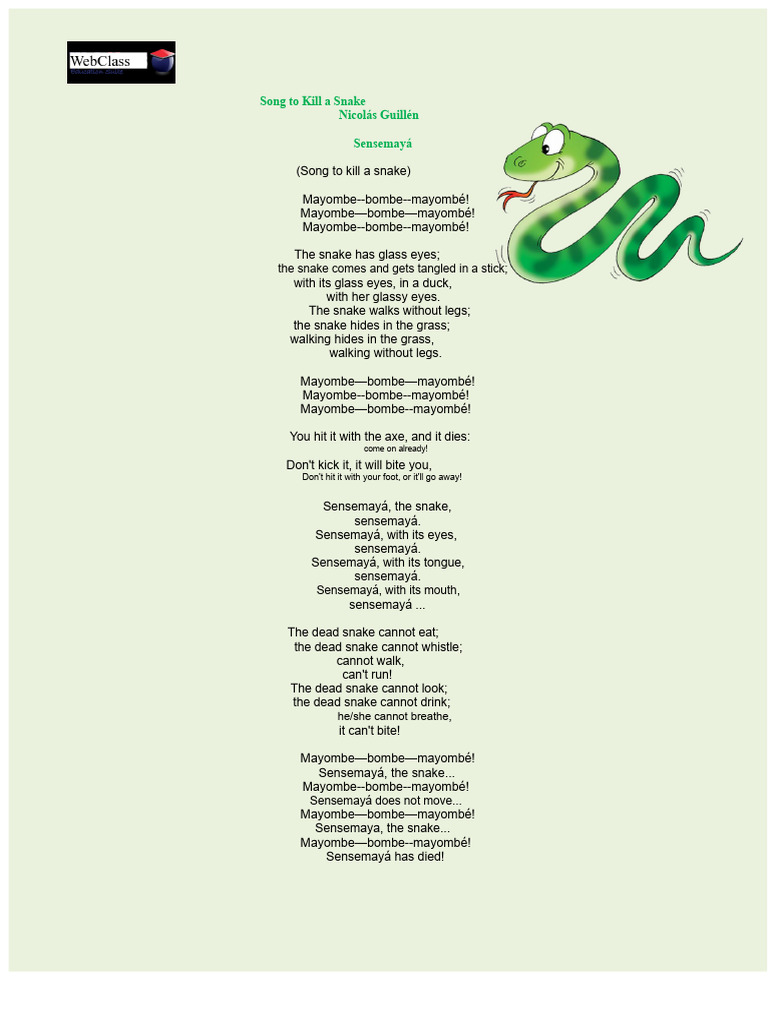 Song To Kill A Snake Nicolás Guillén Sensemayá: Don't Hit It With Your ...