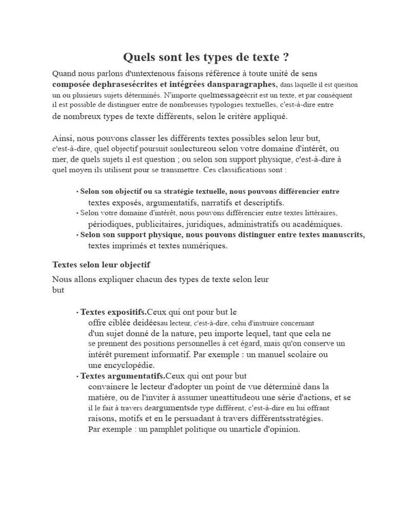Types de textes : classification et exemples | PDF | Informations ...