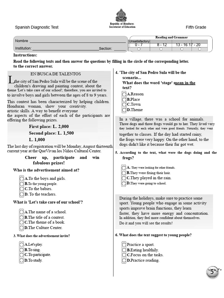 Fifth Grade Spanish Diagnostic Test | PDF